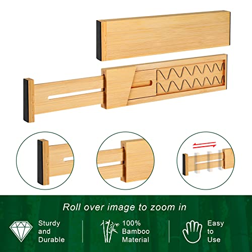 Bamboo Drawer Dividers Organizer with Inserts, Expandable from 12.5-21.7", Adjustable Drawer Organizer Separators for Utensils, Dresser, Bedroom, Bathroom, Closet, Clothing, Office (Beige)