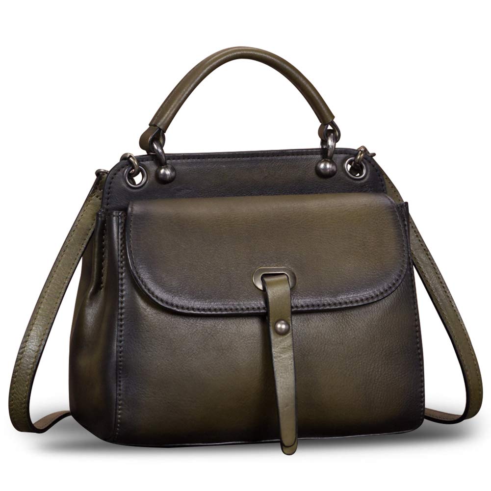 Genuine Leather Crossbody Bag Top-Handle Handbag for Women Vintage Handmade Shoulder Purse (Green)