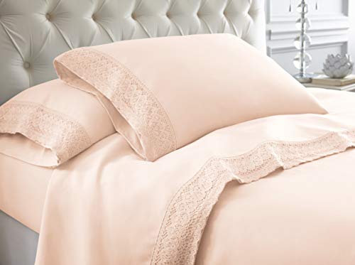 Modern Threads Soft Microfiber Crochet Lace Sheets - Luxurious Microfiber Bed Sheets - Includes Flat Sheet, Fitted Sheet with Deep Pockets, & Pillowcases Blush Full