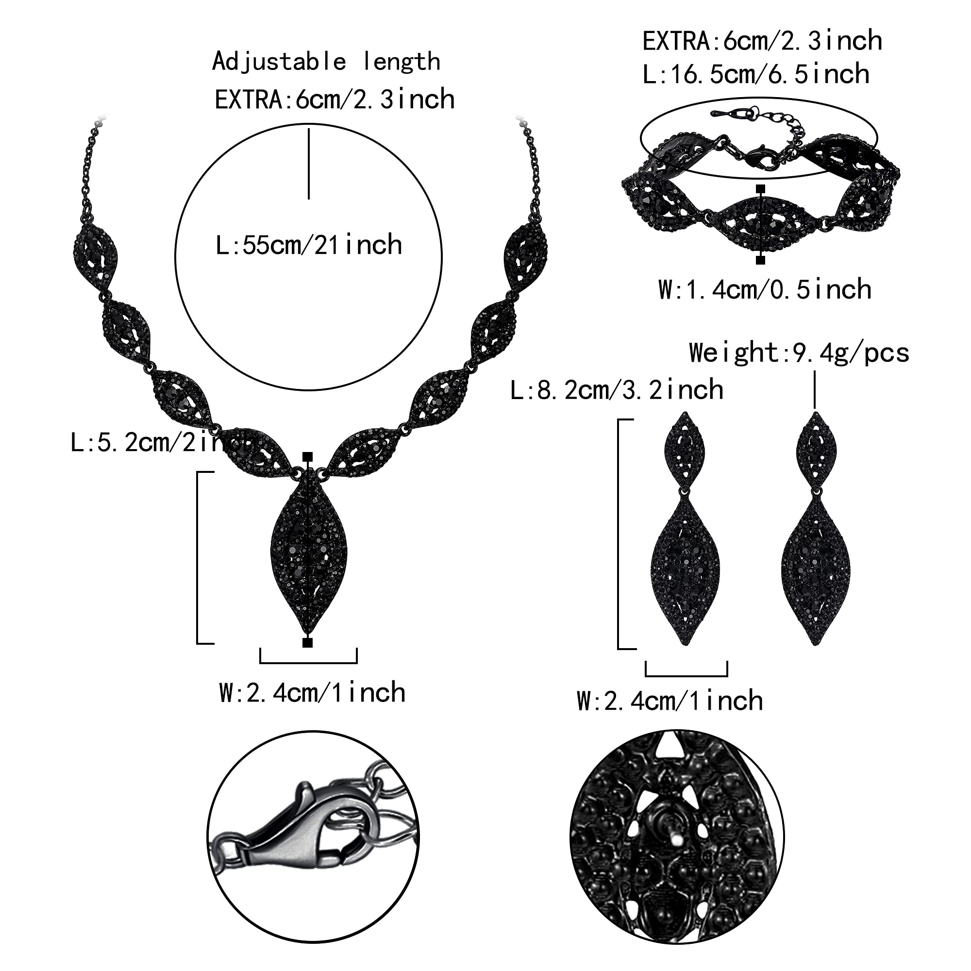 Flyonce Wedding Jewelry Set Rhinestone Crystal Bridal Leaf Necklace Drop Dangle Chandelier Earrings Sets Black Black-Tone
