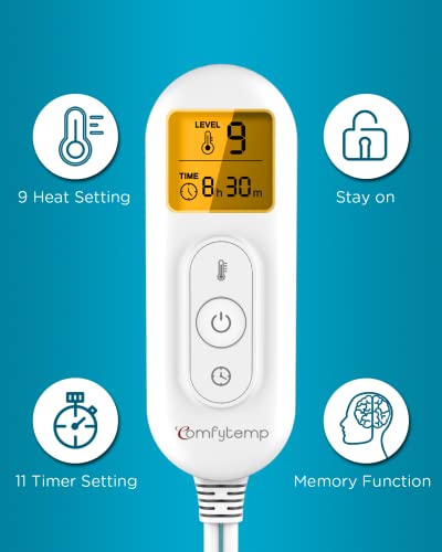 Comfytemp Heating Pad Upgraded, Electric Heat Pad | 9 Heat Setting, Stay On, 11 Timers Auto-Off, Ultra-Soft | 12 x 24 Inch Heated Pad for Cramps, Back Pain Relief, Neck and Shoulders, Machine Washable