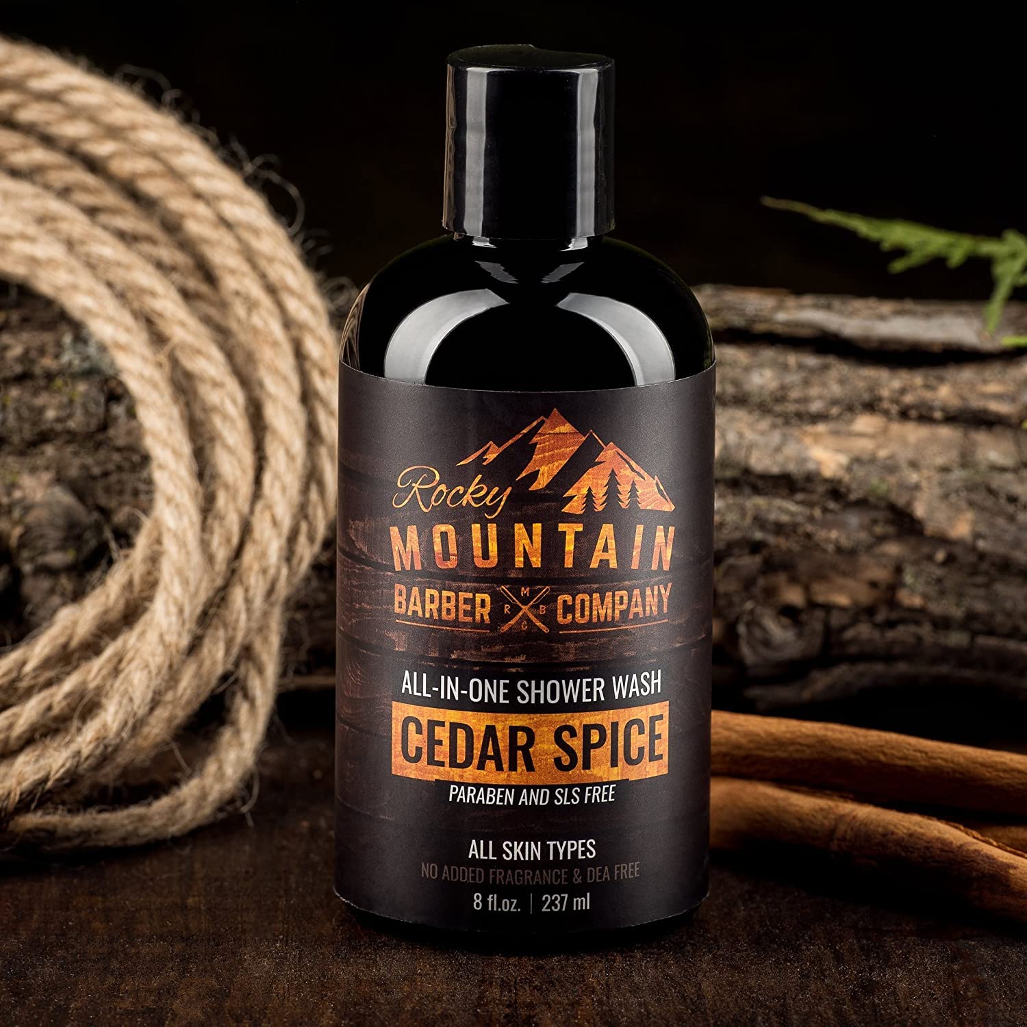 Rocky Mountain Barber Company Cedar Spice All-In-One Body Wash β Shampoo, Body Wash, Conditioner, Face Wash & Beard Wash with Essential Oils - 8 oz