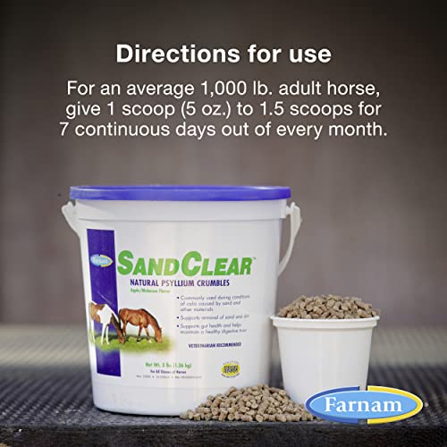 Farnam Sand Clear for Horses Natural Psyllium Crumbles, Veterinarian recommended to support the removal of sand & dirt from the ventral colon, 3 lbs., 9 scoops