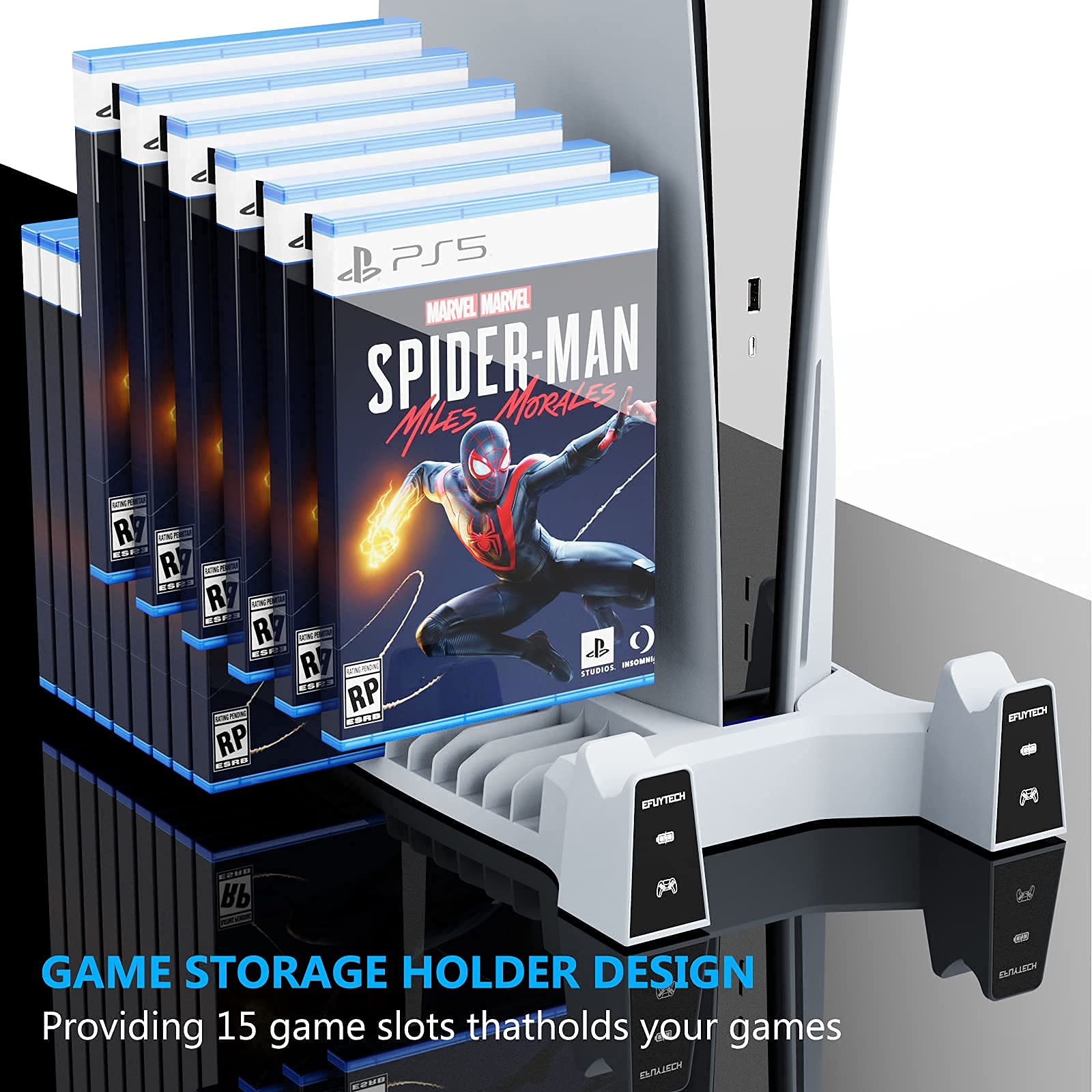 PS5 Vertical Stand Cooling Fan for PS5 Console and Playstation 5 Digital Edition, PS5 Accessories Stand with Dual Controller Charging Station, 2-in-1 Cable and 15 Game Storager