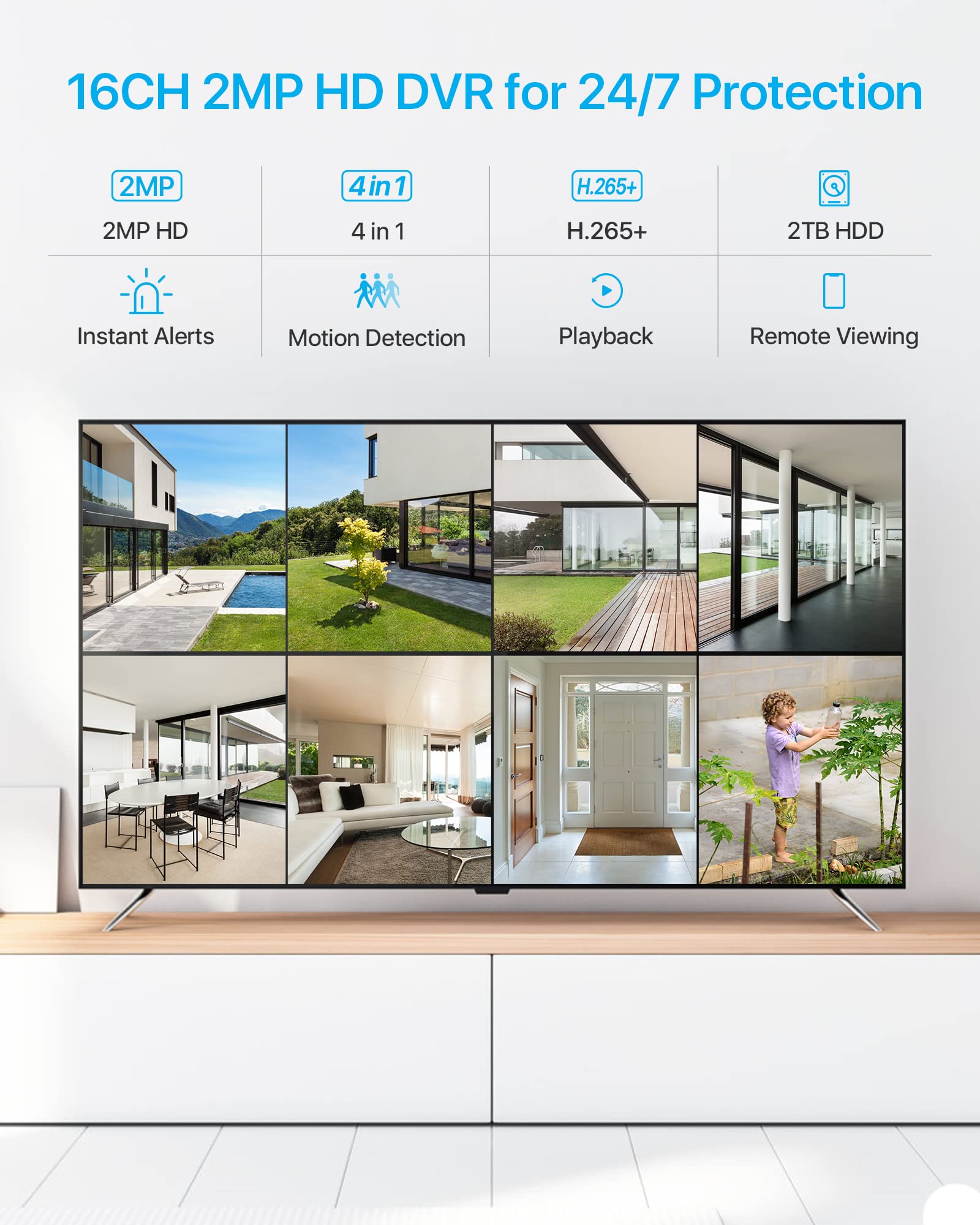 ZOSI Full 1080p 16 Channel Home Security Camera System, H.265+ 16 Channel DVR with Hard Drive 2TB and 8 x 1080p Weatherproof CCTV Bullet Dome Camera Outdoor Indoor,Night Vision, Motion Alert Push