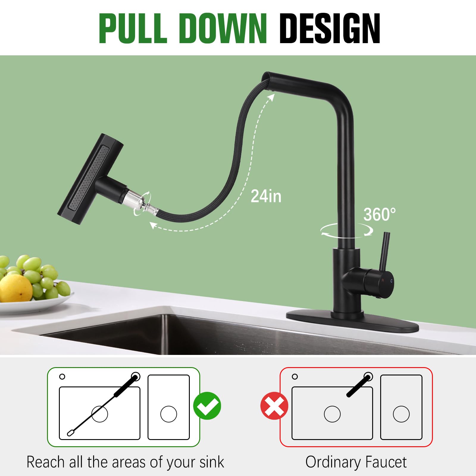 Bietor 4 Mode Kitchen Faucets, Matte Black Kitchen Sink Faucet with Pull-Down Sprayer, Stainless Steel Single Handle Pull Out Sink Faucet 1 or 3 Holes Deck Mount for Laundry, Bar, Rv, Camper