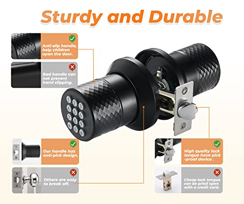 Keypad Door Knob Lock, Keyless Entry Door Lock with Anti-Slip Handle, Auto Lock, Waterproof Electronic Black Door Knob, Safe and Easy Installation for Home, Office, Hotel and Garage