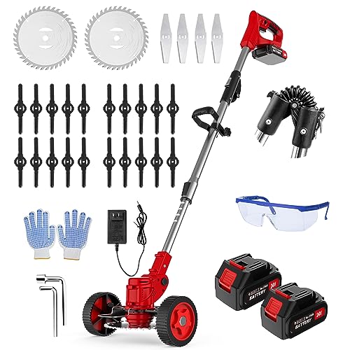 Electric Weed Eater Cordless Weed Wacker Battery Powered, Lightweight Foldable Brush Cutter Grass Trimmer Lawn Edger with 2 2Ah Battery Operated, Wheeled No String Weed Whacker for Garden Yard