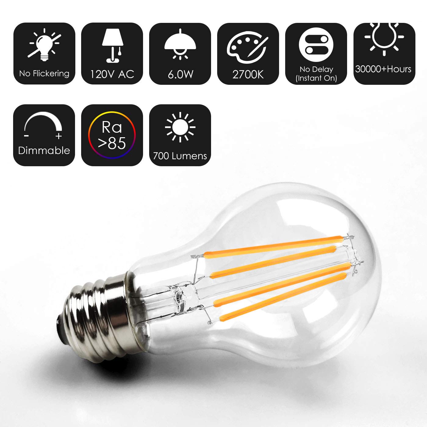 A19 LED Light Bulbs, No Flicker Fully Dimmable 6 Watt Vintage LED Edison Bulbs, 2700K Soft White, 60W Incandescent Equivalent, 700LM LED Filament Bulb, E26 Medium Base, Clear Glass, 12 Pack