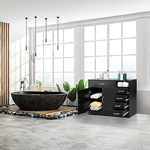 Bonnlo Storage Cabinet, 41" Wide Floor Cabinet Organizer with 5 Drawers and 2 Doors, Adjustable Shelf for Bathroom, Kitchen, Living Room, Bedroom, Laundry Room, Entryway, Office, Ample Space Black