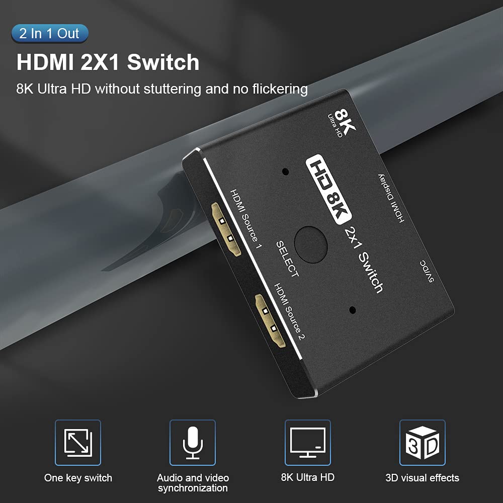 New 8K Switcher HEZOOMS HDMI 2.1 Switch Splitter 2 in1 Out Ultra HD 8K@60Hz 4K@120Hz High Speed 48Gbps Switch Adapter with Switch Button for Computer Laptop 2 Sources to 1 Display