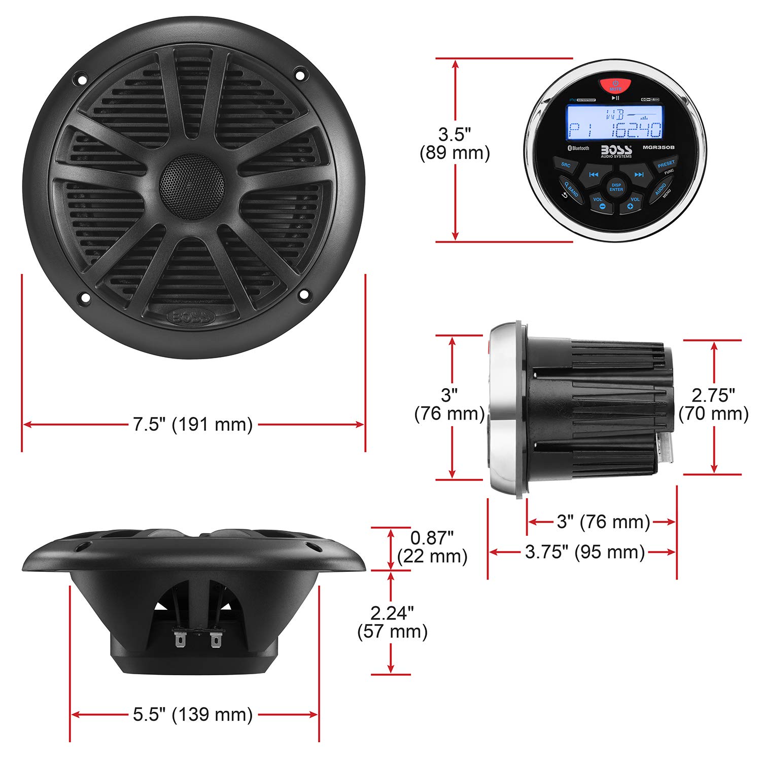 BOSS Audio Systems MCKGB350B.6 Weatherproof Marine Gauge Receiver and Speaker Package - IPX6 Receiver, 6.5 Inch Speakers, Bluetooth Audio, USB, MP3, AM/FM, NOAA Weather Band Tuner, No CD Player, 1 pair black speakers, One Pair of 6.5 inch