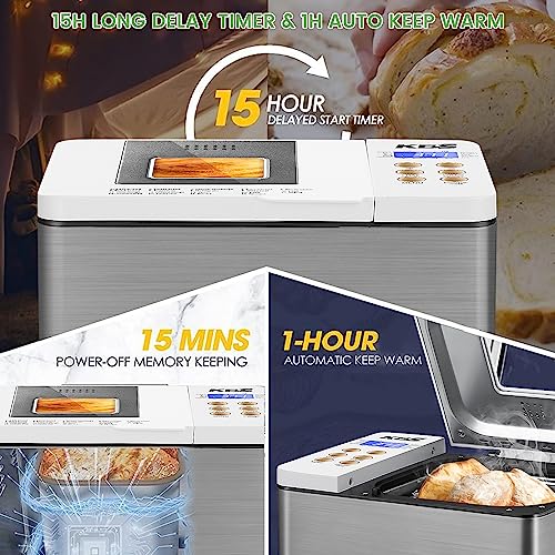 KBS 19-in-1 Compact Bread Machine with Dual-Heaters, 1.5LB Stainless Steel Auto Bread Maker with 2 Loaf sizes & 3 Crust Colors, Nonstick Pan, 15H Delay Timer & Keep Warm Set, Oven Mitt and Recipes