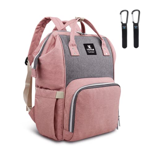 Hafmall Diaper Bag Backpack, Large Baby Diaper Bag with Stroller Hooks, Multifunctional Travel Nappy Bag, Stylish & Waterproof, Pink Gray