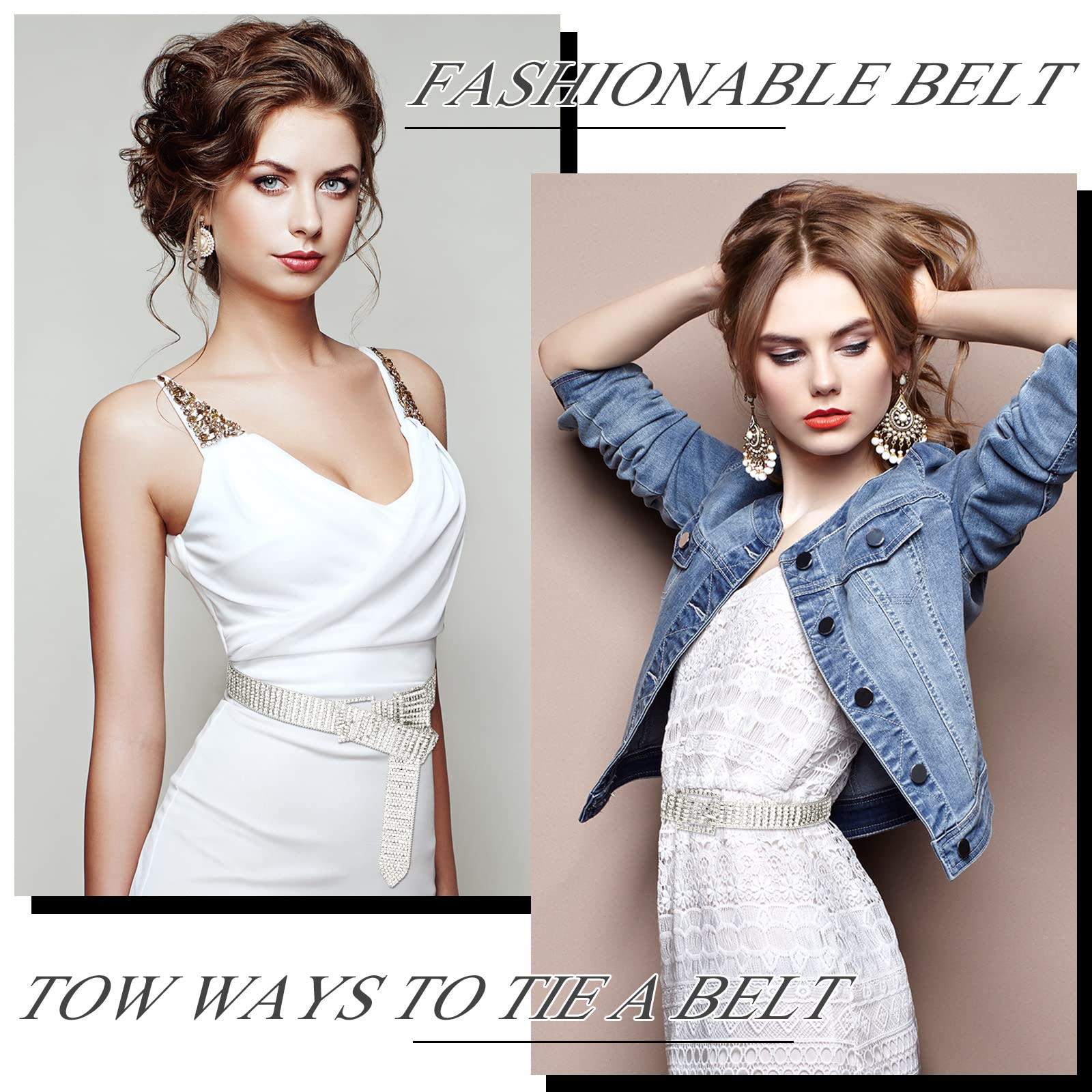 Geyoga 2 Pieces 5-8 Rows Women Rhinestone Belts Shiny Waist Belts Bling Glitter Chain Waistband for Jeans Dresses Pants (Silver)