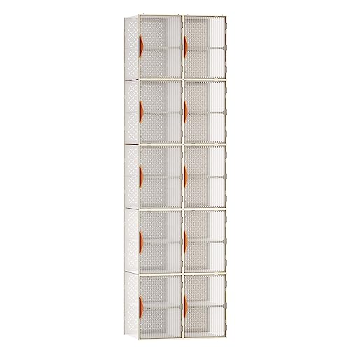 DINMO 10 Packs Shoe Box with Dividers, 20 Pairs, Clear Shoe Storage Organizer, Space Saving for Closet, Visualization, Foldable, White Transparent