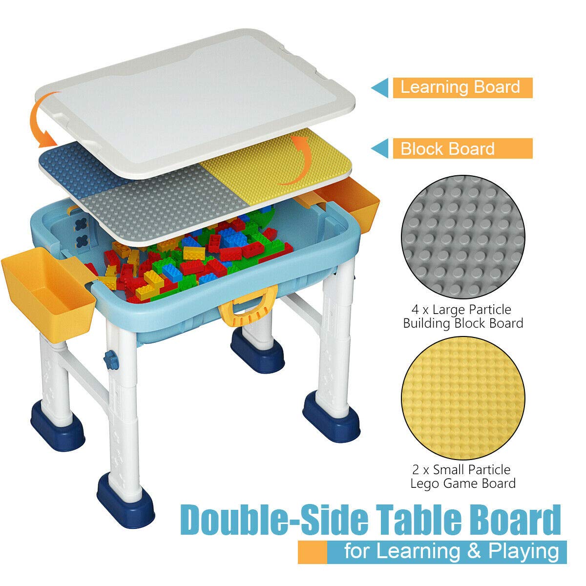 HONEY JOY 6-in-1 Kids Activity Table, Large & Small Size Blocks Compatible w/Classic Blocks, Adjustable Height, Water Table & Sand Table & Dry Erase Easel w/Marker, Kids Play Table with Storage