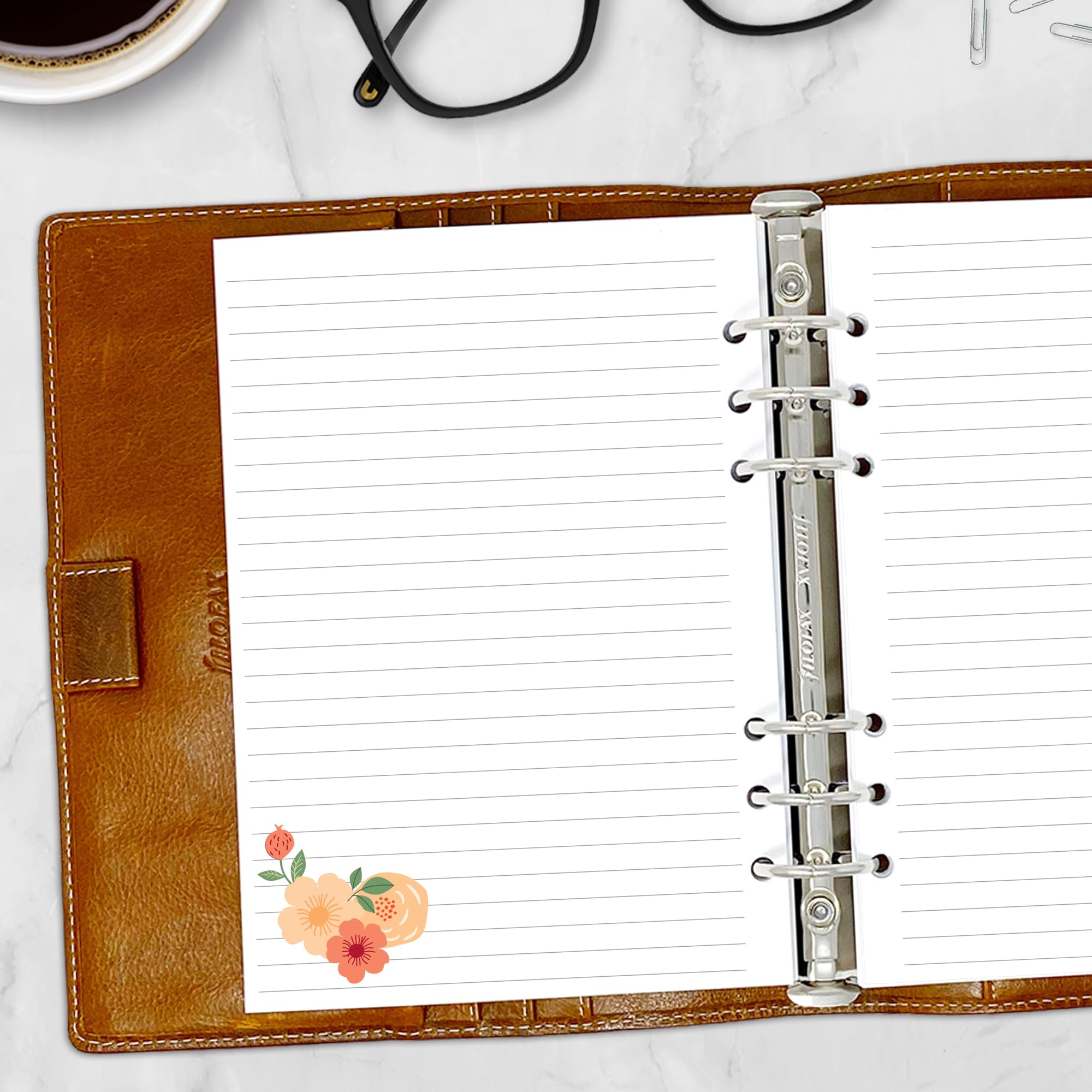 A5 Lined Flower Planner Insert Refill, Wide or College Ruled, 5.83″ x 8.27″, Fits 6-Rings Binders - Filofax, LV GM, Moterm, Choice of Quantity