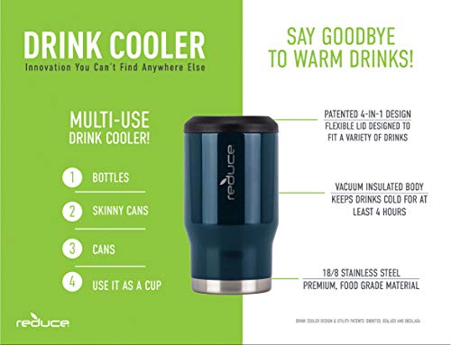 Reduce Can Cooler - 4-in-1 Stainless Steel Can Holder & Beer Bottle Holder, 4 Hours Cold - The Drink Cooler For 12oz Slim Cans, Regular Cans, Bottles & Mixed Drinks - Glacier & Dark Web, Opaque Gloss