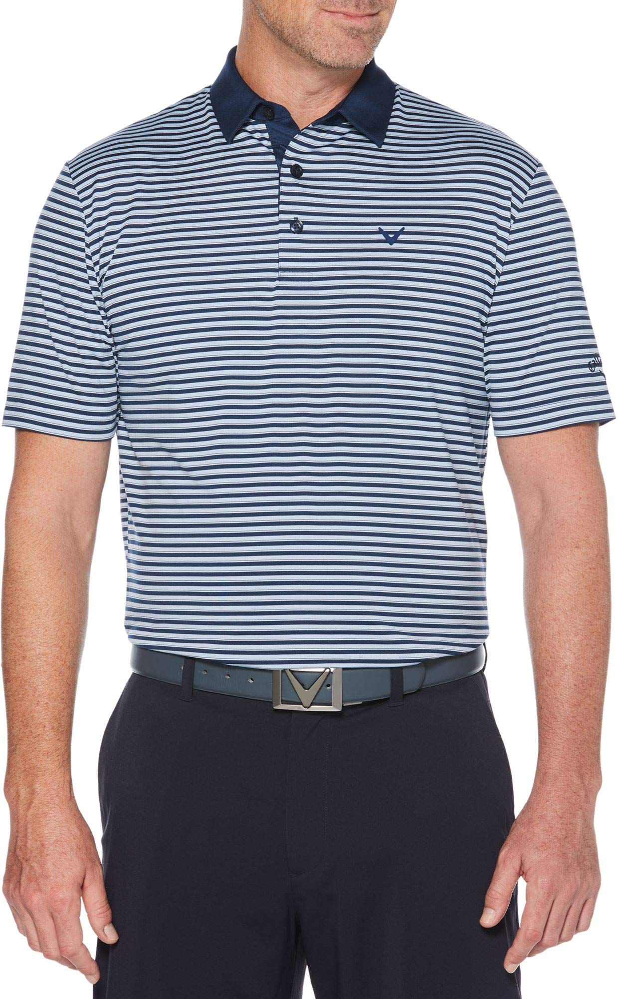 Callaway Men's Stripe Short Sleeve Golf Polo Shirt (Big & Tall and Regular), Medieval Blue, Small