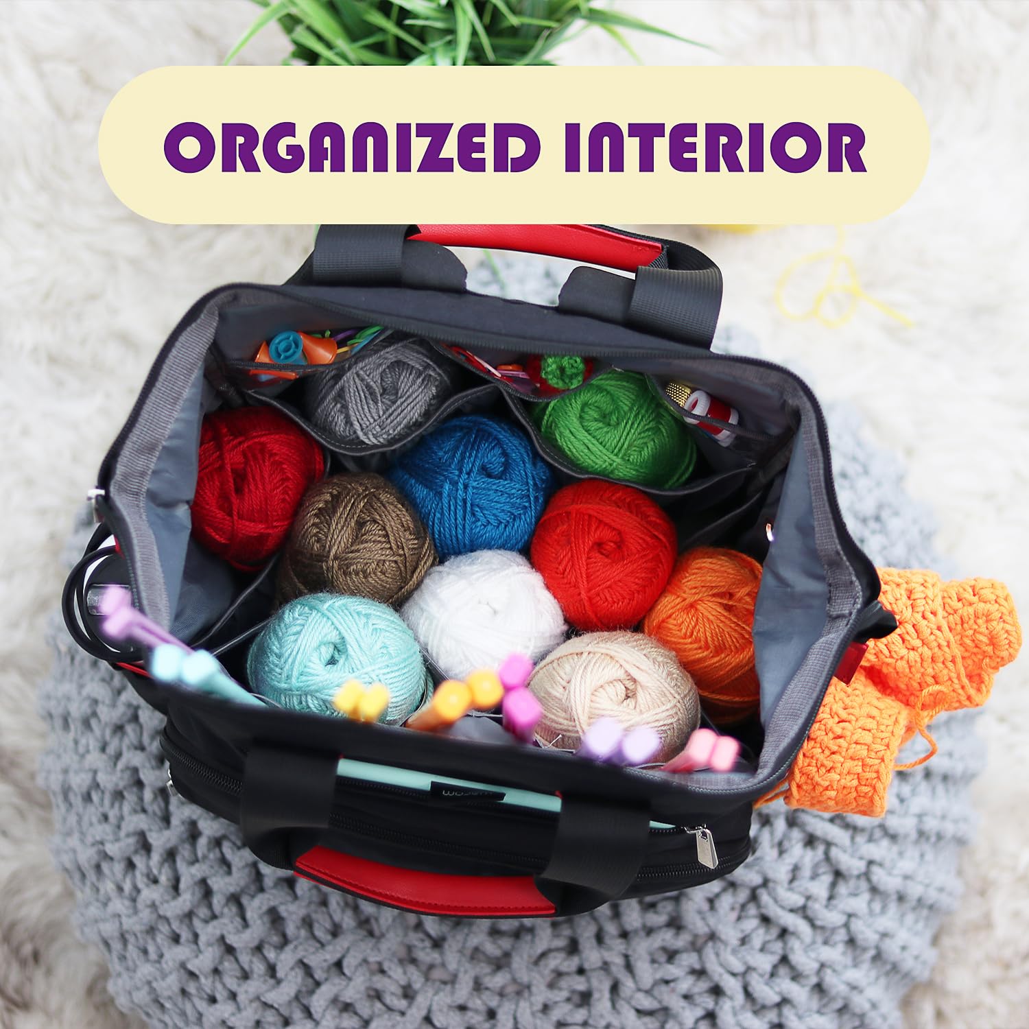 Hearth & Harbor Crochet Backpack, Crochet Bag Organizer, Canvas Knitting Bag, Yarn Organizer for Crochet Accessories and Supplies, Travel Yarn Bag with USB Charging Port, Yarn Storage Organizer