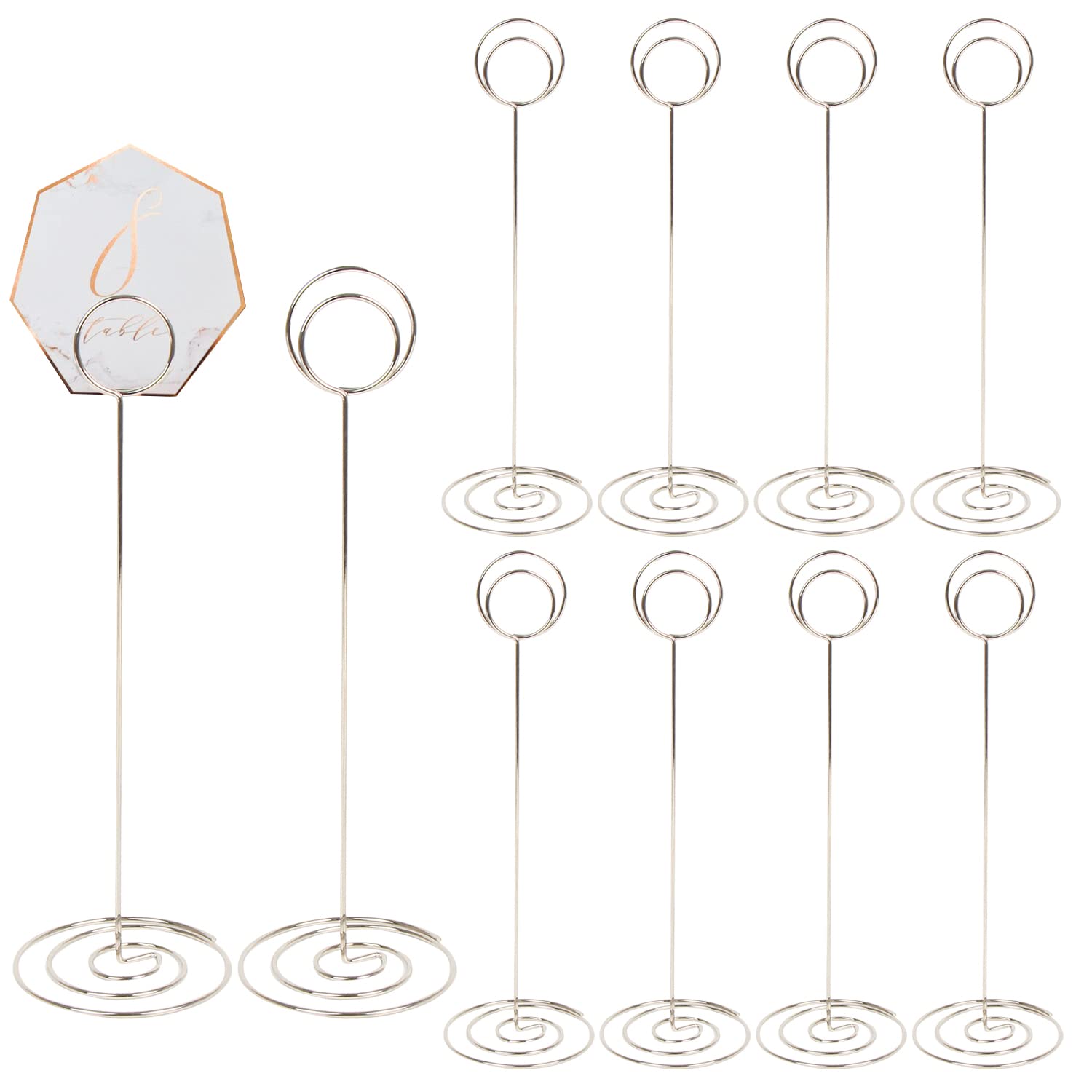 KIMOBER 10PCS 8.75" Tall Table Number Holders, Round Place Card Holder,Tabletop Memo Note Stand Picture Photo Picks Card Clips for Wedding Birthday Party(Silver)