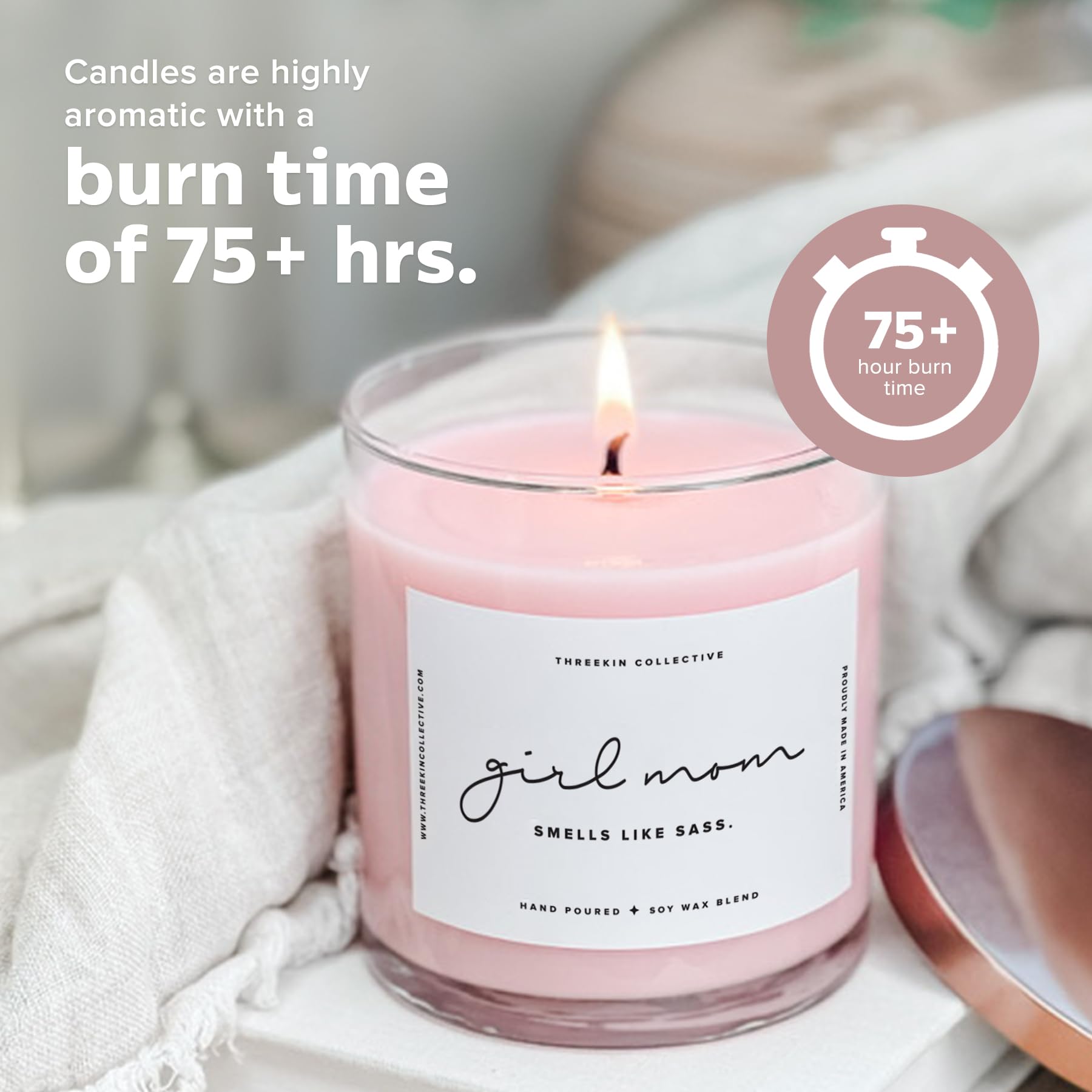 ThreeKin Scented Candles for Girl Mom, Natural Soy Wax Candles for Home, Relaxing Aromatherapy for Moms, Lavender Essential Oils with a Hint of Sass, Long Lasting Candle Burns for 75 Hours