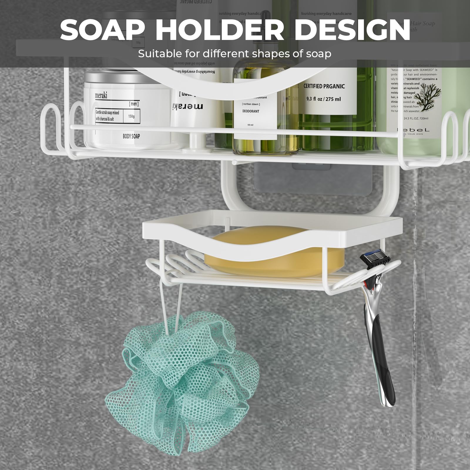 Shower Caddy Hanging Adjustable Shower Caddy, Rustproof Extended Length Shower Caddy Over Shower Head with Hooks Soap Holder, Large Capacity Shower Organizer Anti-Swing Bathroom Organizer, White