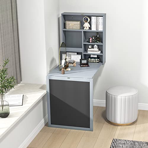 IFANNY Folding Wall Desk, Wall Mounted Fold Out Desk with Storage Shelves & Hooks, Hideaway Desk Wall Mount with Chalkboard, Floating Corner Desk for Small Spaces (Gray)