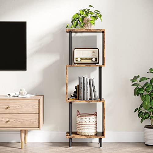 Book Shelf Bookcase, Modern Small Bookshelf for Small Spaces, S-Shaped Wooden Bookshelf Corner Bookshelf for Living Room Bedroom Home Office, Rustic Bookshelves and Bookcases Storage Organizer, 4-Tier
