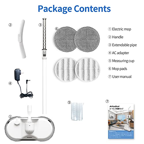 Cordless Electric Mop for Floor Cleaning, AlfaBot WS-24 Electric Spin Mop with Water Sprayer and LED Headlight, Lightweight & Rechargeable Scrubber for Hardwood Tile & Laminate Floors