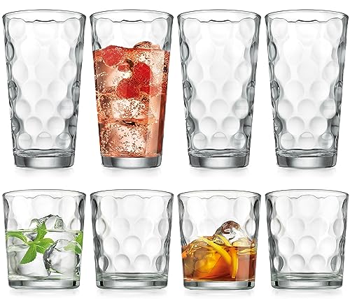 Home Essentials & Beyond Glassware Drinking Glasses Set Of 8 4 Highball (17 oz.) Kitchen Glasses | 4 (13 oz.) Rocks Glass Cups for Water, Juice and Cocktails.