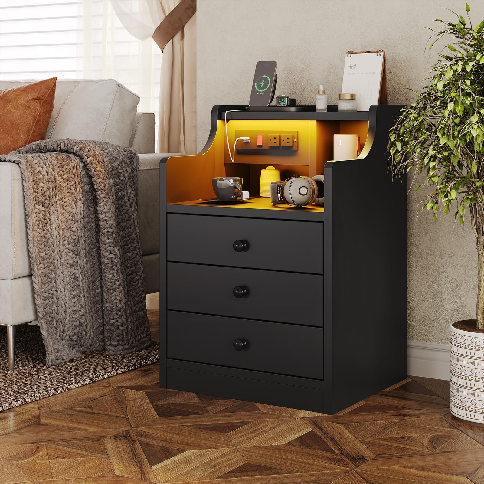 ADORNEVE Black Nightstand Set of 2,LED Nightstand with Charging Station,Bedside Table with Drawers,Modern Side Tables Bedroom