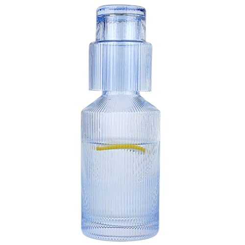 Bedside Water Carafe and Glass Set, Blue Night Water Pitcher with Glass Cup for Nightstand, Modern Mouthwash Dispenser with Tumbler Lid for Keeps Water Clean in Bedroom, Bathroom, or Kitchen