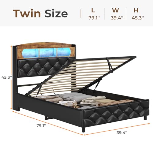 ADORNEVE Lift Up Storage Bed Frame Twin Size with LED Lights Headboard and Charging Station, Upholstered Storage Headboard, Hydraulic Storage, Solid Wood Slats Support, Noise-Free, PU Black