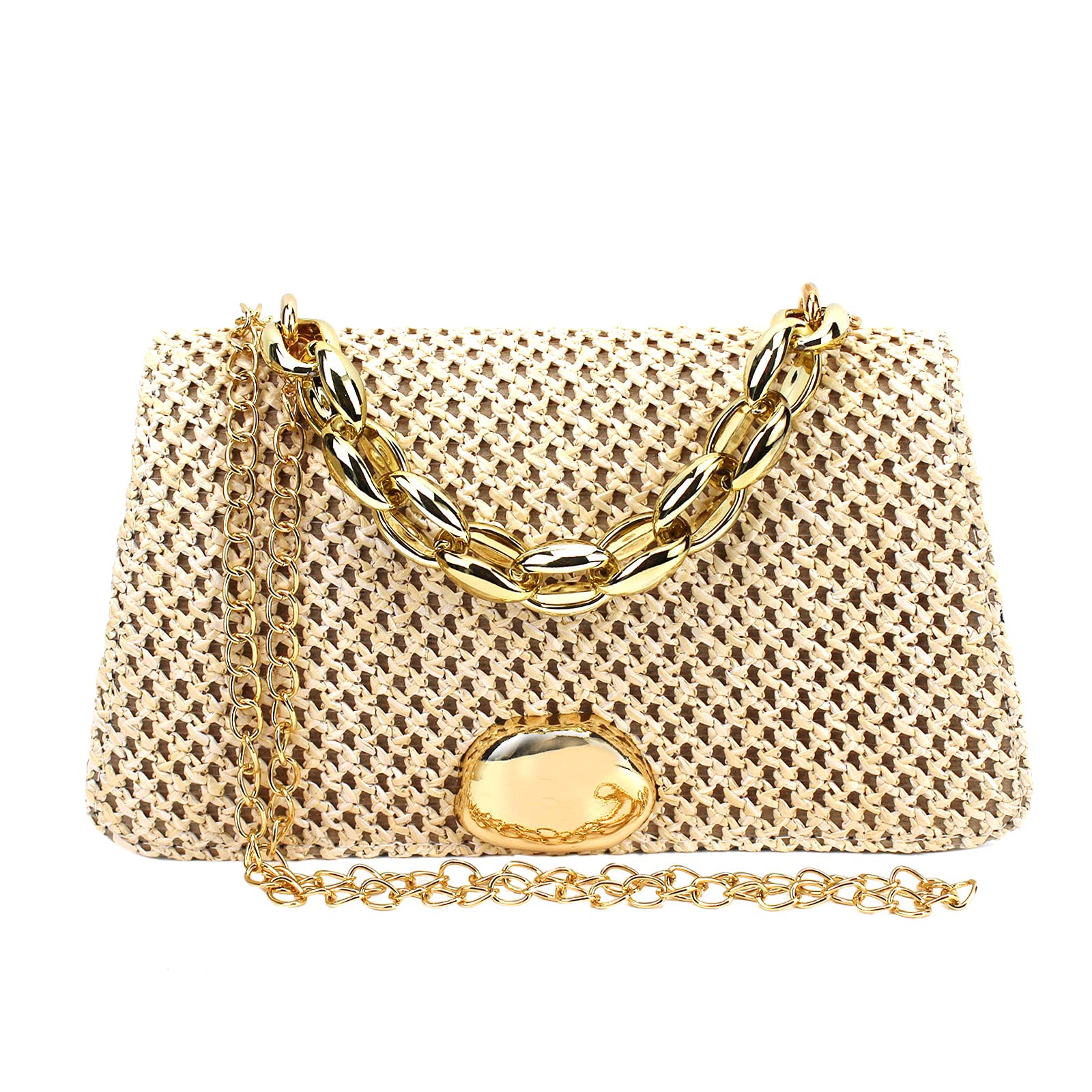 Women Mini Straw Woven Cross-body Bag Chain Strap Shoulder Bag Beach Chain Top-handle Bag