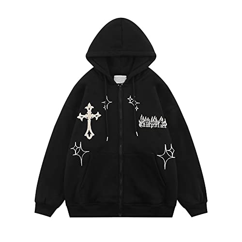 Bopoft Y2k Hoodie Zip Up Men Women Fashion Cross Graphic Long Sleeve Y2k Goth Clothing Aesthetic Sweatshirt Streetwear Jacket Black L
