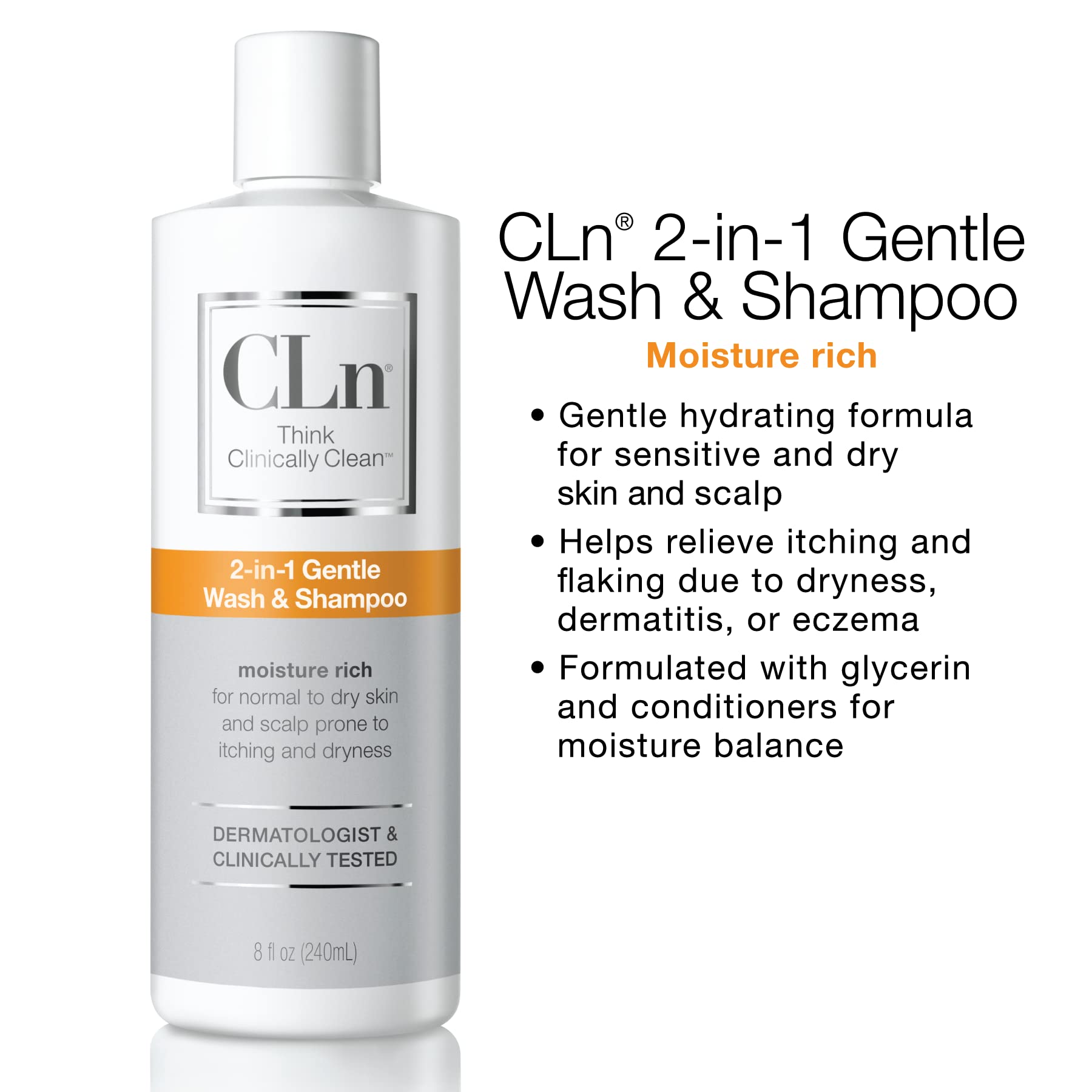 CLn® 2-in-1 Gentle Wash & Shampoo- Multi-functional Cleanser for Skin & Scalp Prone to Irritation, Flaking, Itching, Dryness & Razor Bumps, Fragrance-Free & Paraben-Free, 8 fl. oz.