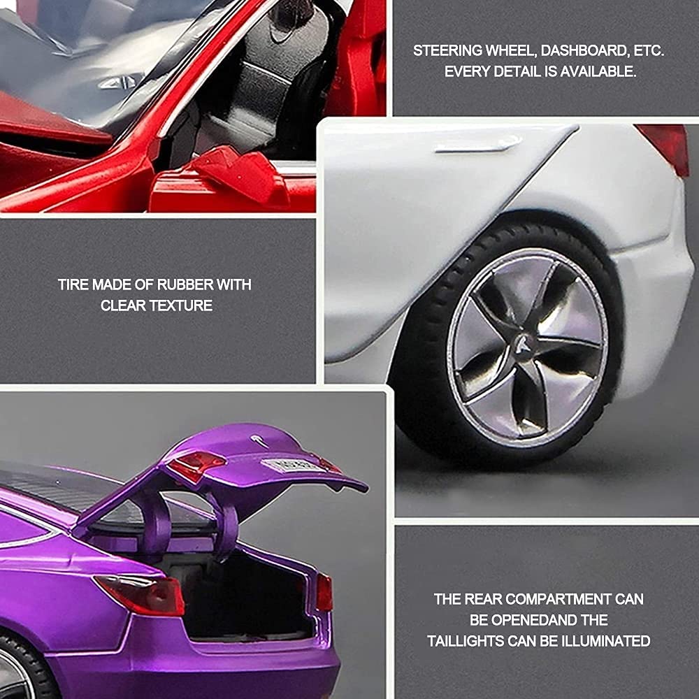 Car Model 3 1:32 Scale Alloy diecast Pull Back Electronic Toys with Lights and Sound, Mini Vehicles Toys for Kids Gift Tesla Car Lovers (White)