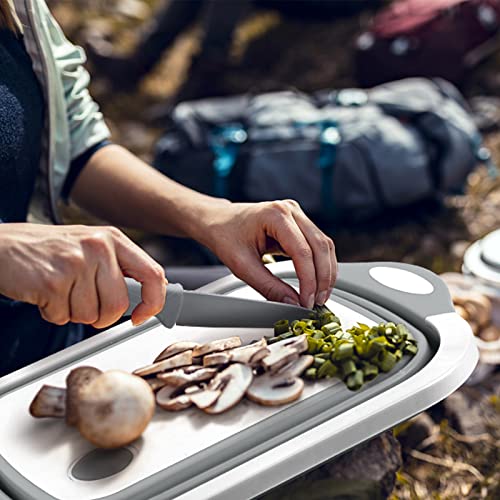 Collapsible Cutting Board, HI NINGER Chopping Board with Towel Kitchen Foldable Camping Dishes Sink Space Saving 3 in 1 Multifunction Storage Basket for BBQ Prep/Picnic/Camping (Grey)
