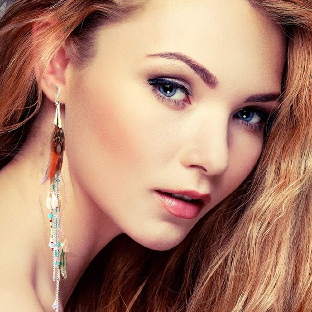Boho Colorful Feather Feather Dangle Earrings for Women Bohemian Shell Beads Long Tassel Design Drop Earrings