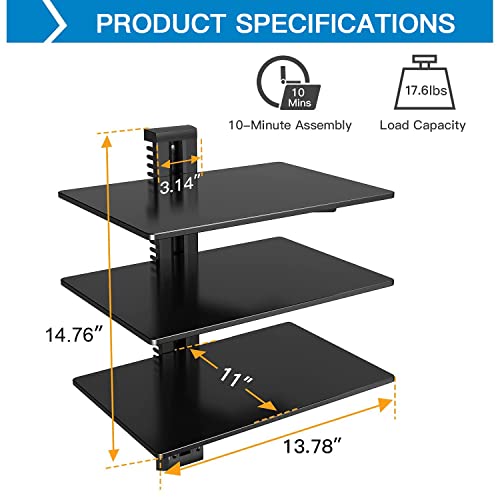 PERLESMITH Floating Wall Mounted Shelf AV Mount Shelf - Holds up to 16.5lbs - DVD DVR Component Shelf with Strengthened Tempered Glass - Perfect for DVD Players, TV Box and Cable Box, PSDSK3