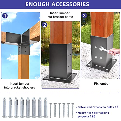 TPSHKE 4 Pack 4"×4" 3-Way Right Angle Corner Pergola Brackets & Post Base Kits,Aluminum Alloy Pergola Kits with Screws for 4x4 Inch (Actual 3.6"x 3.6") Wood Beams