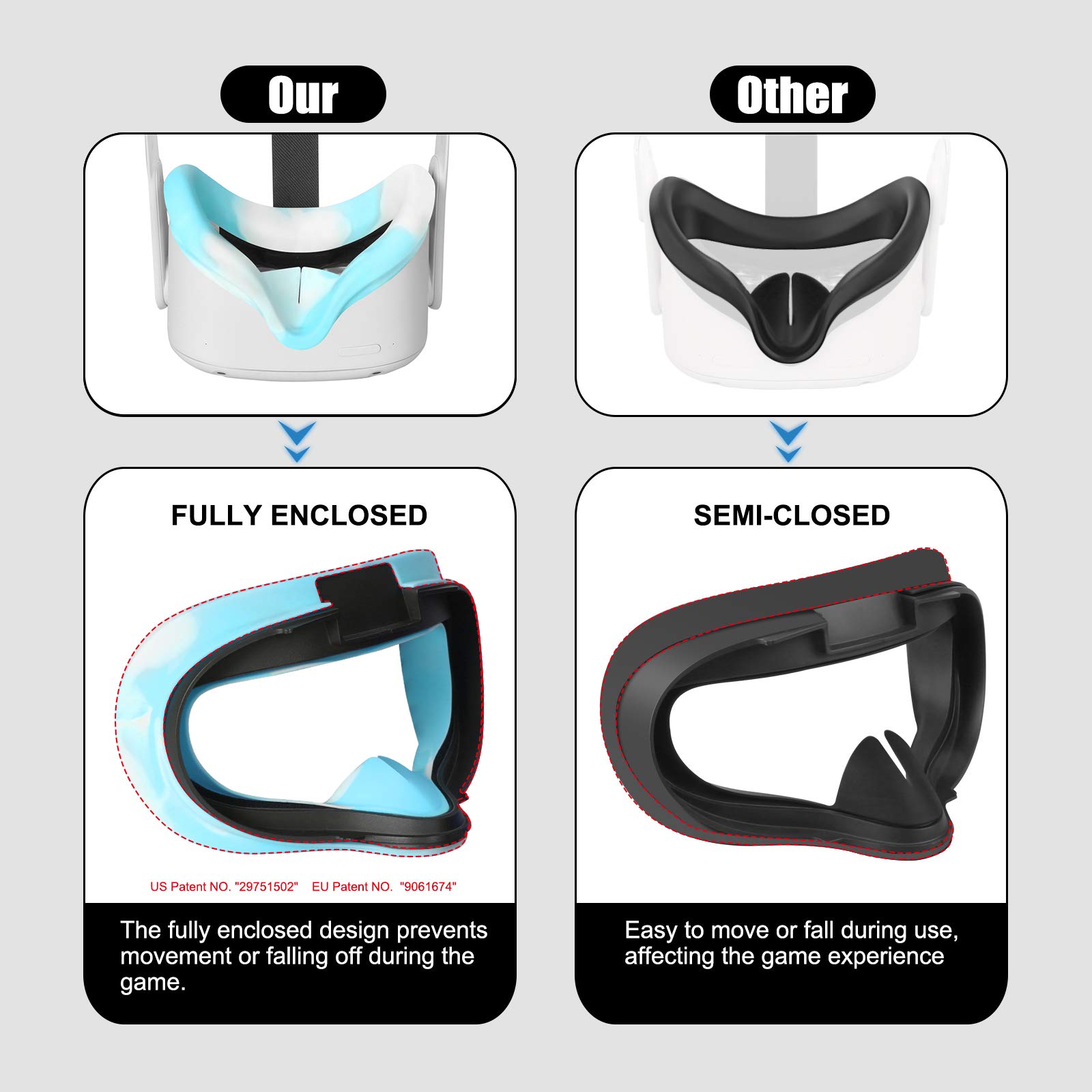 MASiKEN Controller Grips Cover with Face Cover for Meta Oculus Quest 2, Anti-Throw Grips Cover with Adjustable Wrist Strap and Sweatproof Silicone Face Pad, Quest 2 Accessories Kit (Mix Blue)