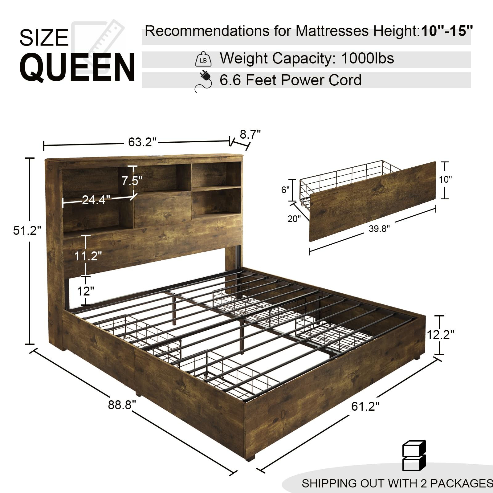 Albott Queen Size Bed Frame with 51.2" Bookcase Headboard, Wooden Platform Bed Frame with 4 Storage Drawers&Charging Station, No Spring Box Needed/No Noise, Rustic Brown