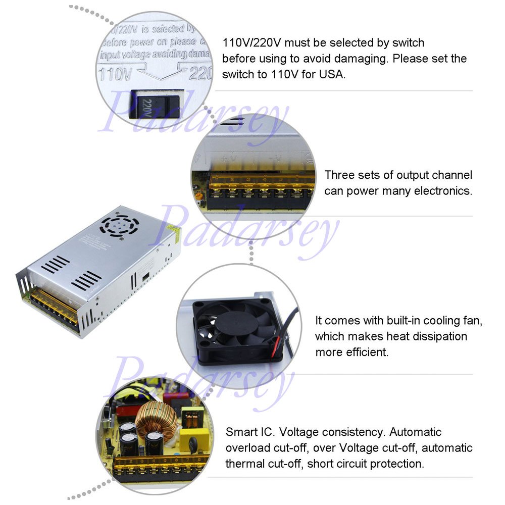 Padarsey DC 24V 15A 360W Power Supply Universal Regulated Switching Transformer Adapter Driver 110V/220V AC Input for LED Strip CCTV Radio Computer Project