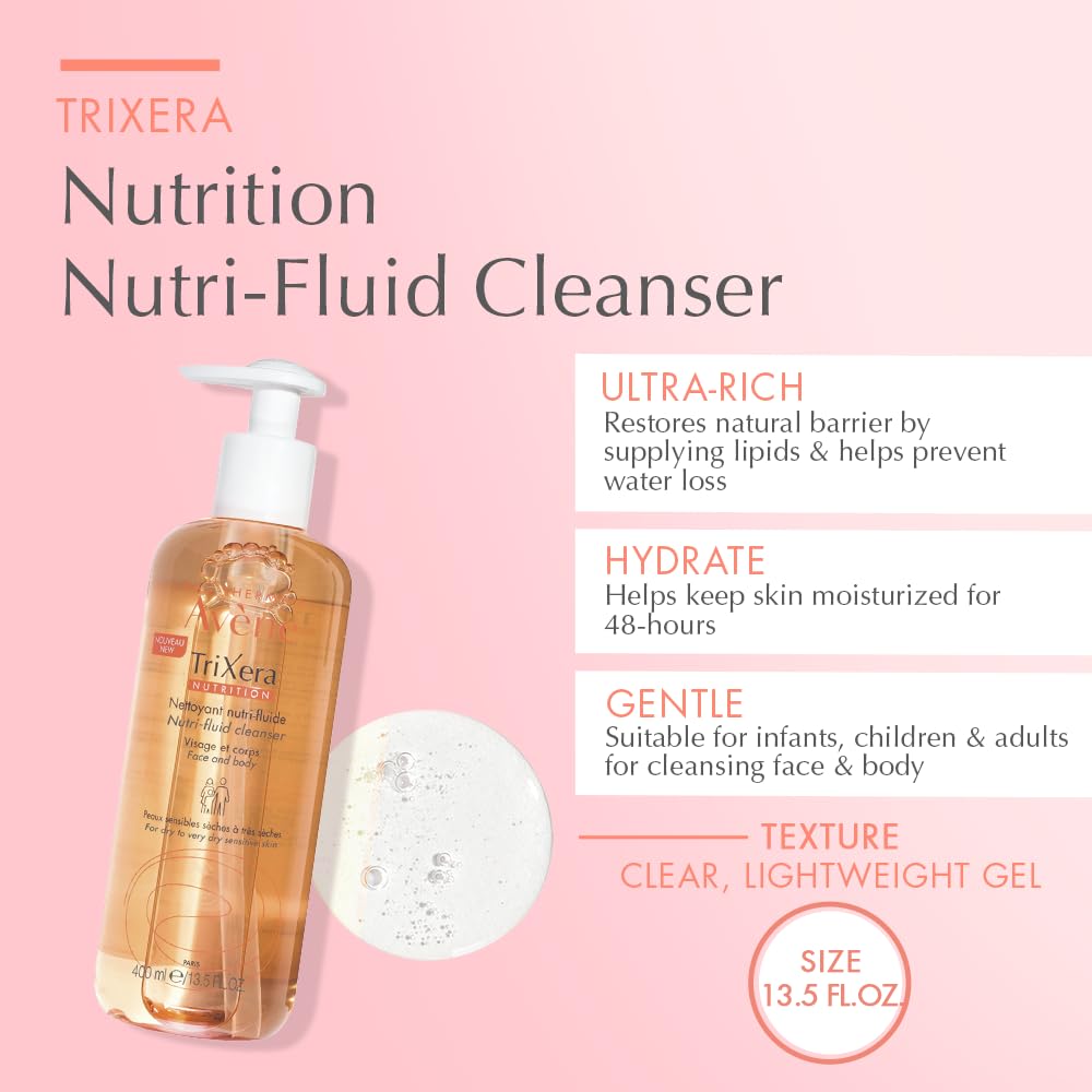 Eau Thermale Avene Trixera Nutrition Nutri-Fluid Cleanser, Soap-Free, Biodegradable, Pump, 13.5 oz.