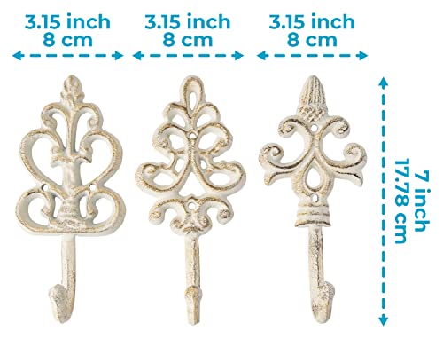 Shabby Chic Decorative Wall Hooks - Set of 3 - Cast Iron French Country Wall Decor - Farmhouse Hangers for Coats, Purses and More - Rustic White