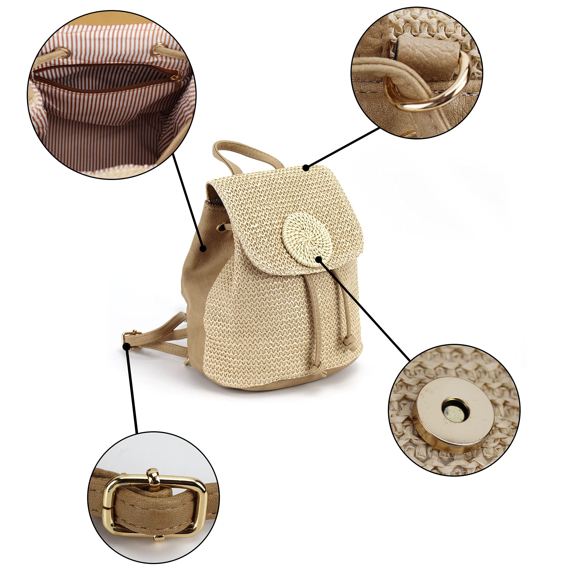 Felice Ann Women Small Straw Woven Backpack Daypack Cross-body Shoulder Bag