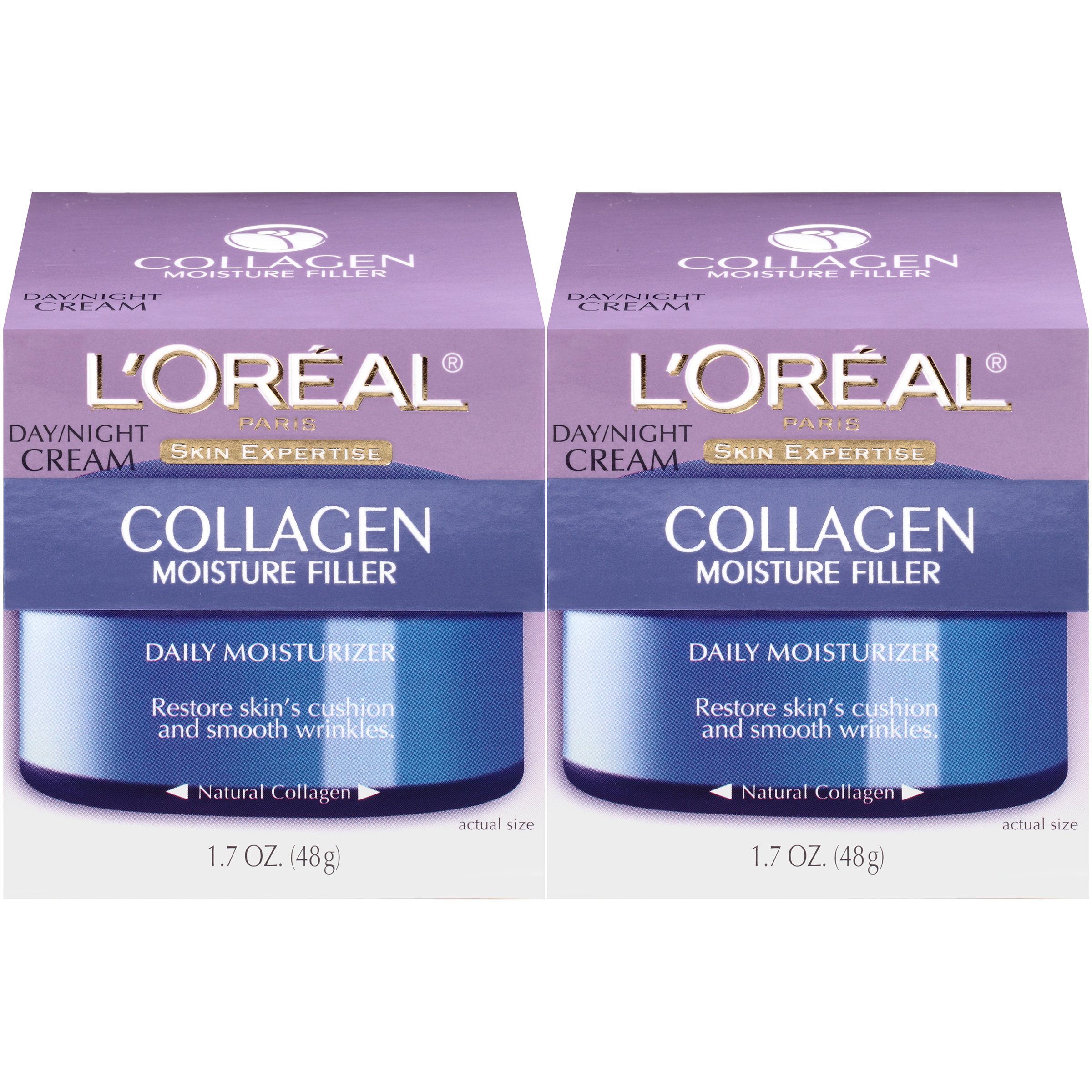 L'Oreal Paris Skincare Collagen Face Moisturizer, Day and Night Cream, Anti-Aging Face, Neck and Chest Cream to smooth skin and reduce wrinkles, 1.7 oz Pack of 2